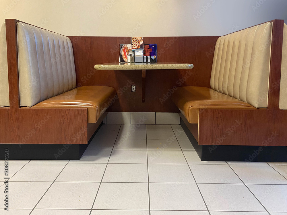 Diner seating with booth, floor, table and generic menu cards Stock ...