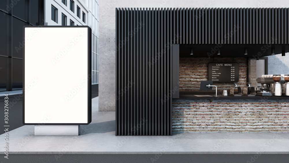 Front view Cafe shop & Restaurant design. Modern minimal metal black ...