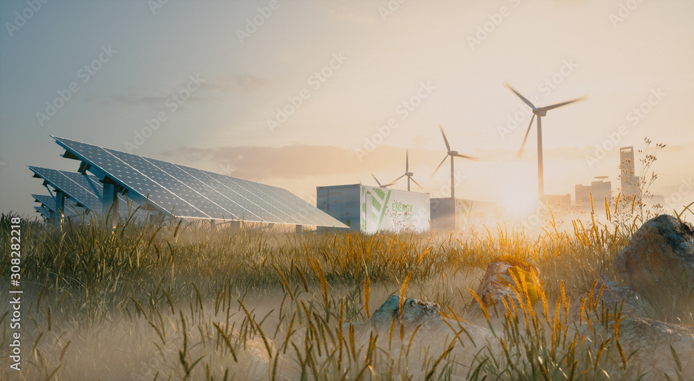 Concept of renewable energy solution in beautiful morning light ...