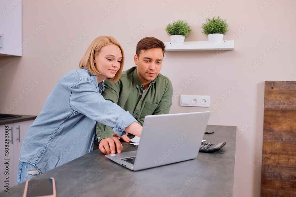 spouses sitting with laptop and documents, analyzing paperwork and ...