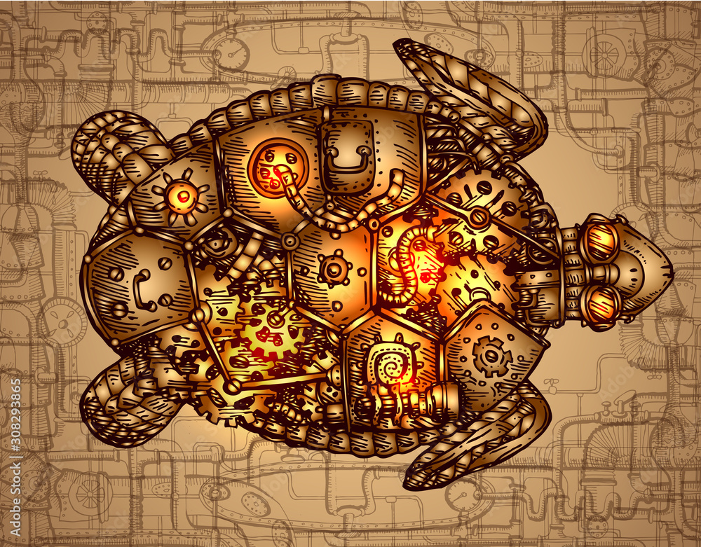 Mechanical turtle. Hand drawn vector steampunk illustration Stock ...