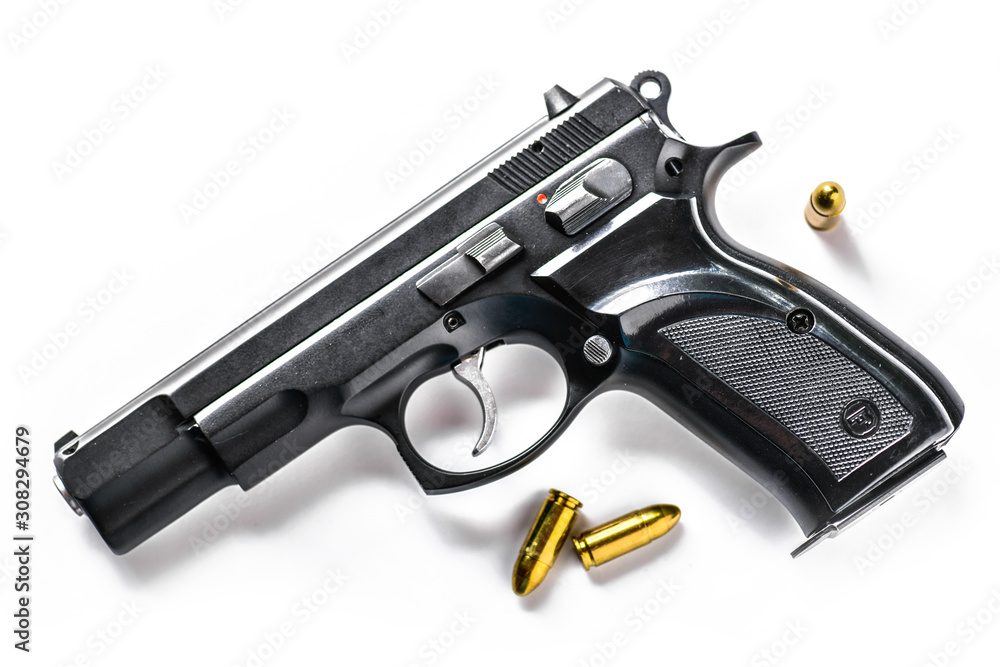 9mm hand gun with bullets isolated on white background. Fire pistol and ...