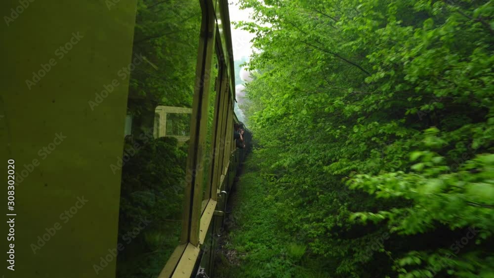view from the window of a retro train wagon, Old steam locomotive in ...