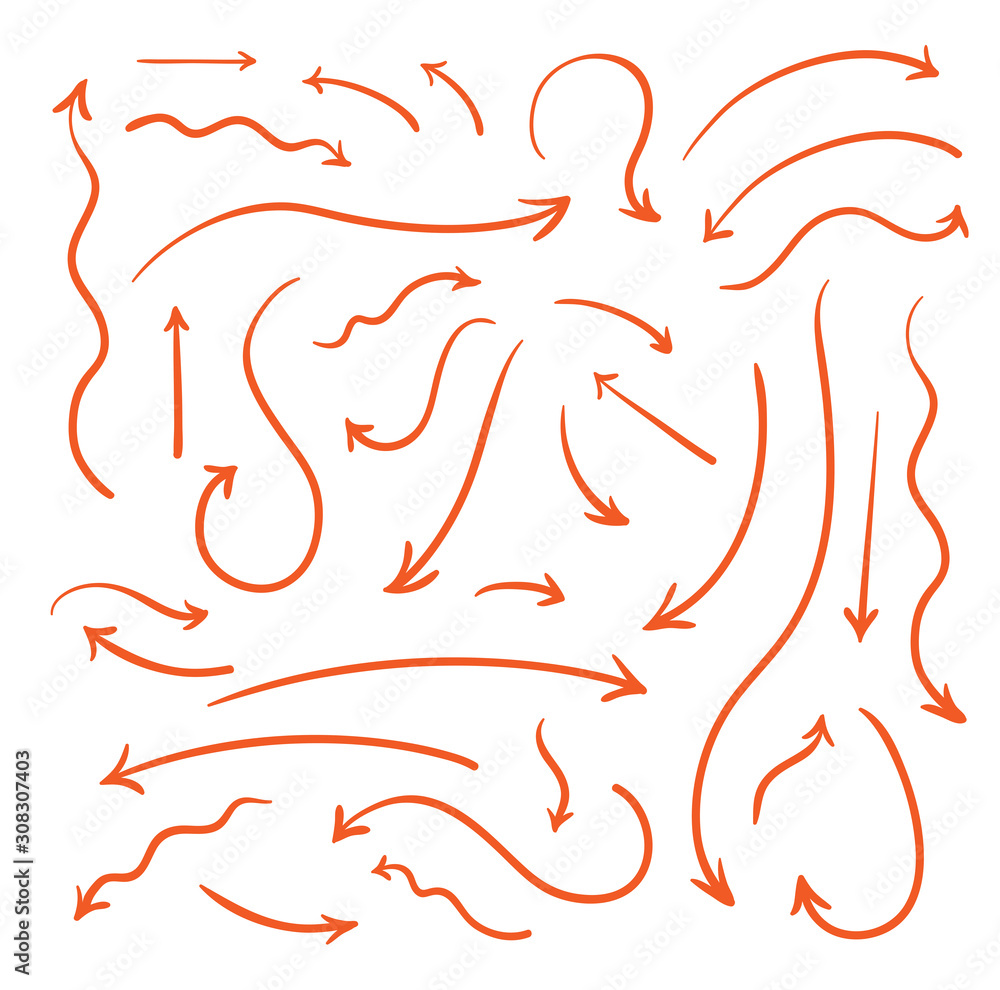 Set of orange arrows isolated on white background. Vector illustration ...