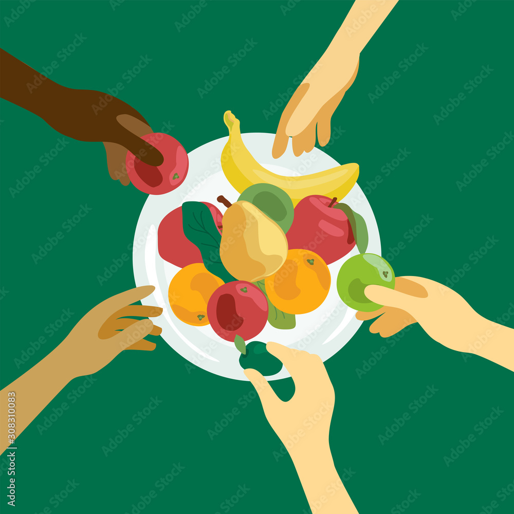 Food sharing illustration. Human hands with fruits. People of different ...