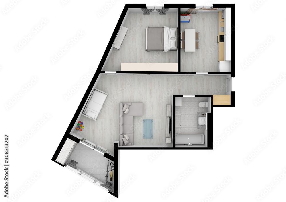 Living space with using colors and textures. Floor plan top view. 3d ...