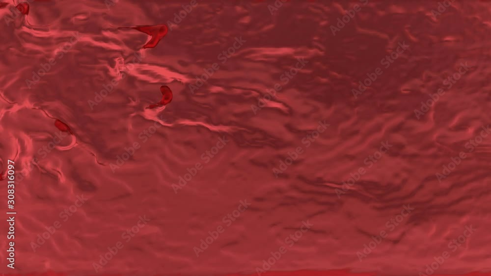 Animated top view of river or flowing a lot of red kerosene from left ...