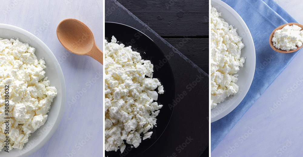 Collage cottage cheese. Background with dairy products. Cottage cheese ...