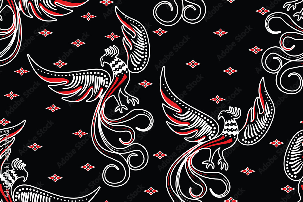 Seamless pattern with phoenix vector Illustration, Indonesian batik ...