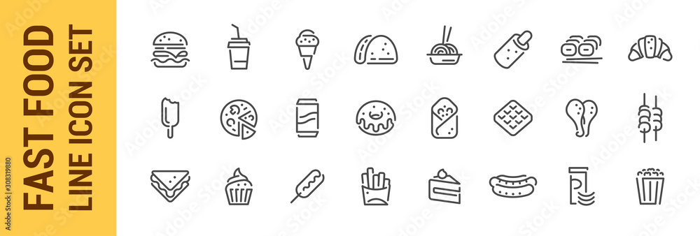 Fast food line icon set. Burger sandwich pizza hot dog cola coffee ...