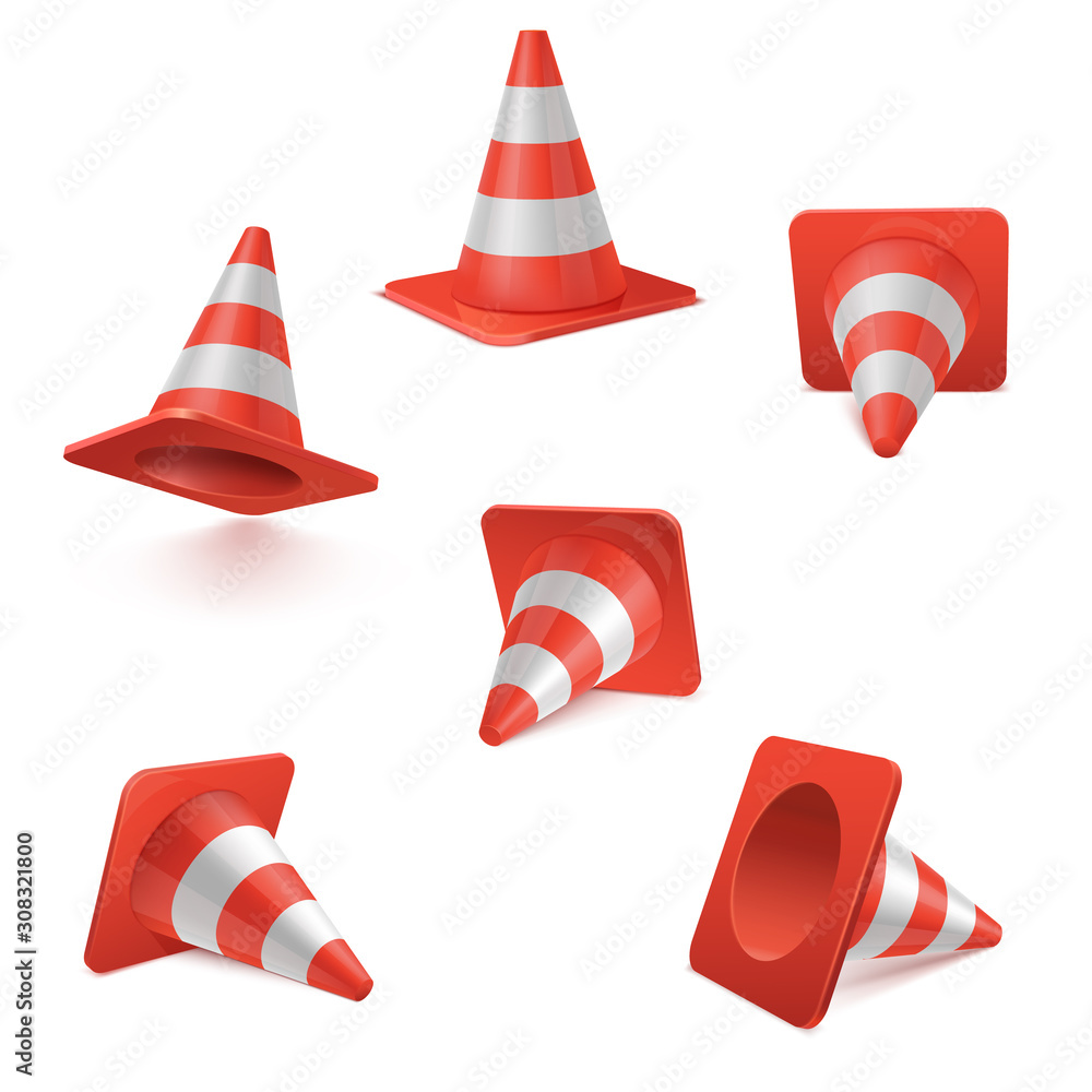 Realistic vector set of plastic road cones in various positions. Stock ...