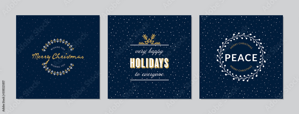 Merry Christmas square cards set with greetings. Doodles and sketches ...