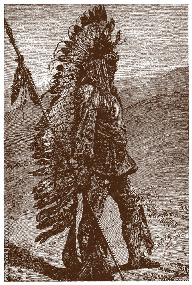 Pawnee chief standing in landscape, wearing feather bonnet and holding ...