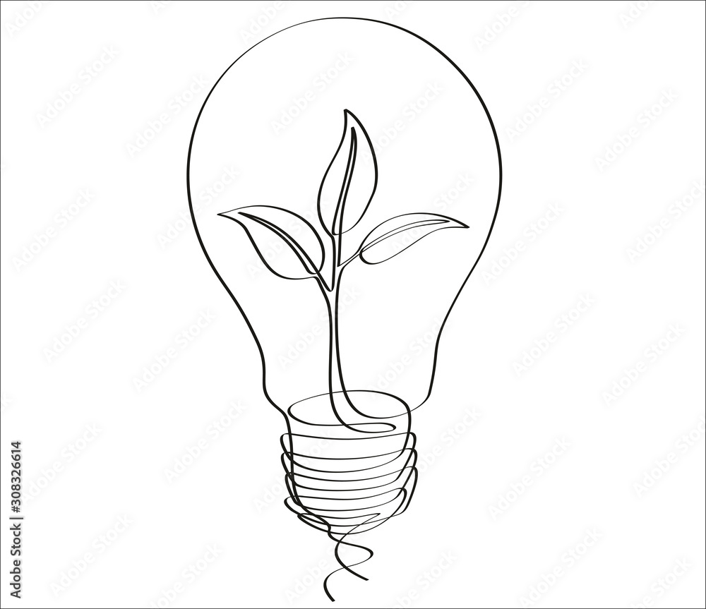 Continuous one line drawing little shoot grow in a light bulb. Eco ...