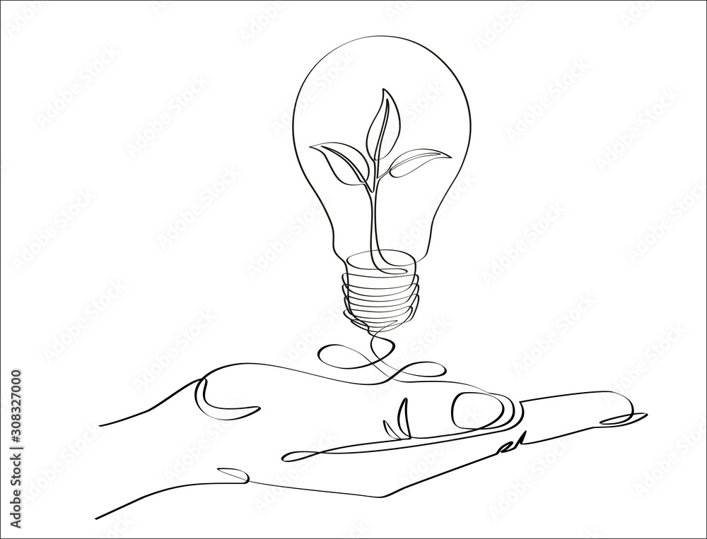 One line drawing of sprout in a light bulb in hand. Continuous line ...