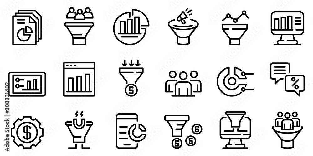 Conversion rate icons set. Outline set of conversion rate vector icons ...