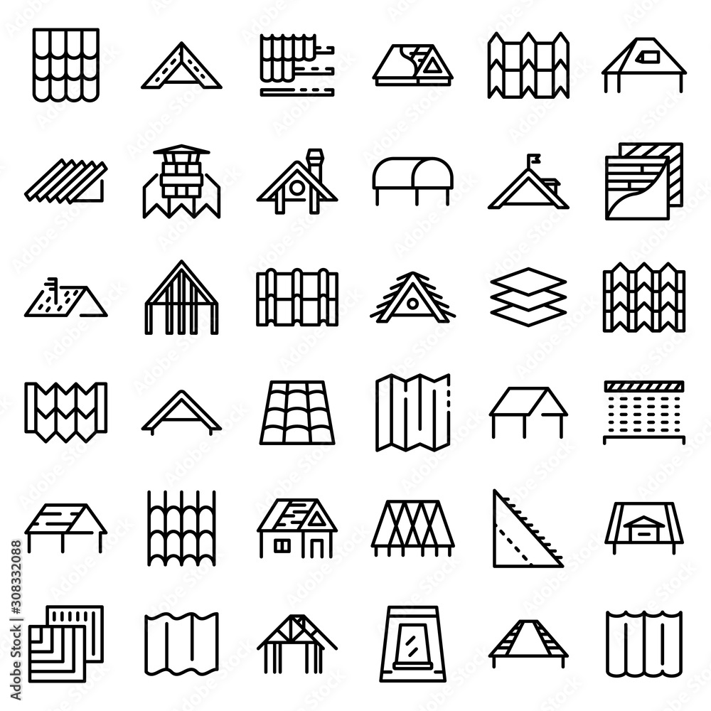Roof icons set. Outline set of roof vector icons for web design ...