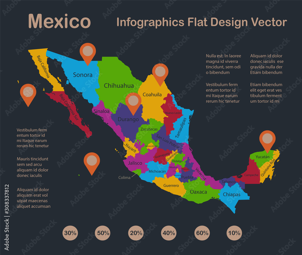 Infographics Mexico map, flat design colors, with names of individual ...