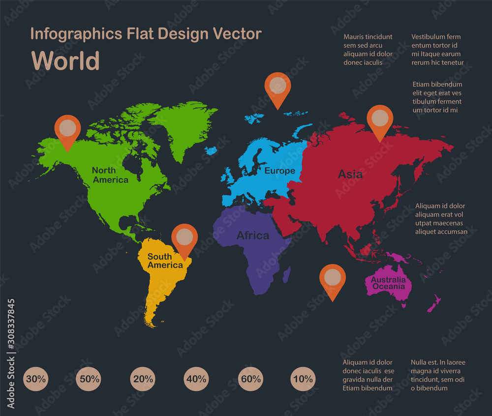 Infographics World map, flat design colors, with names of individual ...