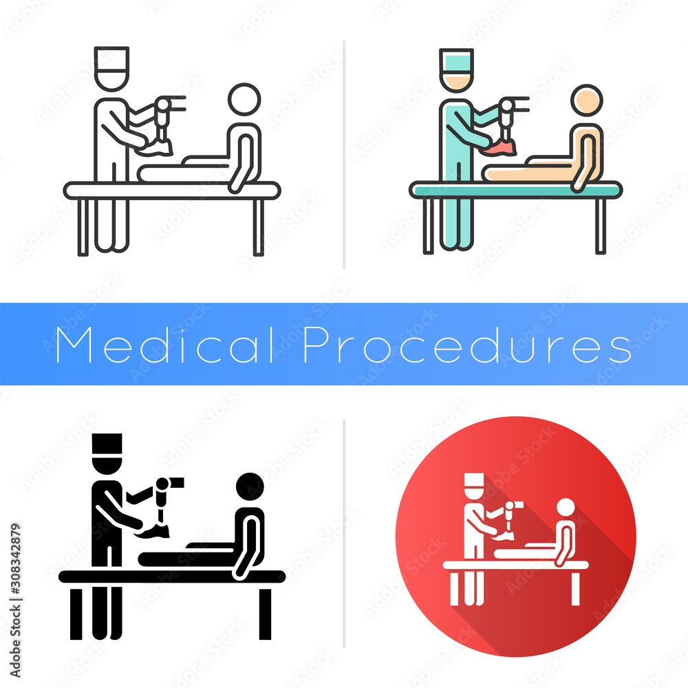 Prosthetics icon. Medical procedure. Doctor, patient. Amputee with no ...