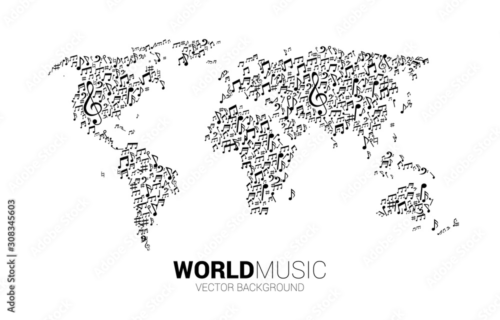 Vector world map from music melody note dancing flow. Concept ...