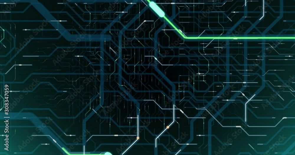 4K seamless loop of printed circuit board (PCB) in motion. Artificial ...