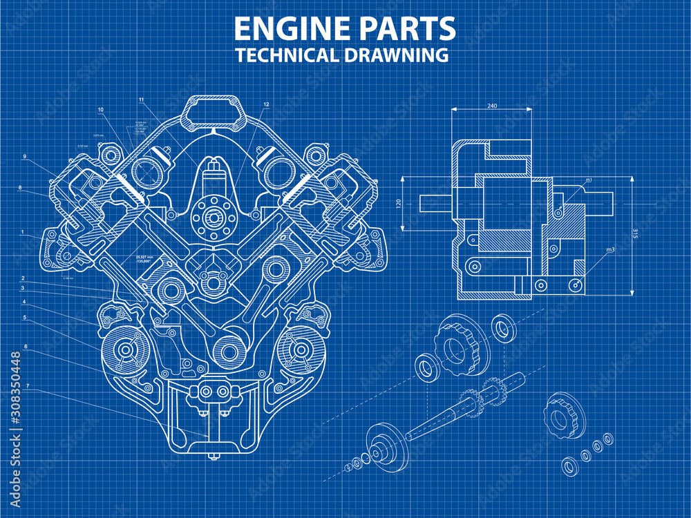 Technical blue background with drawings of details and mechanisms ...