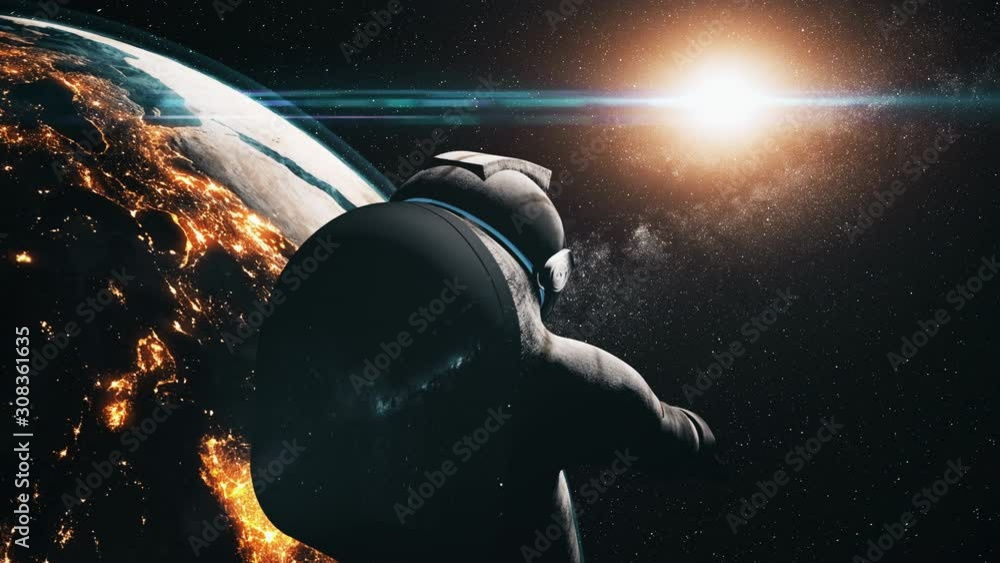 Close up spaceman look at Earth stars twinkle. Astronaut in spacesuit ...