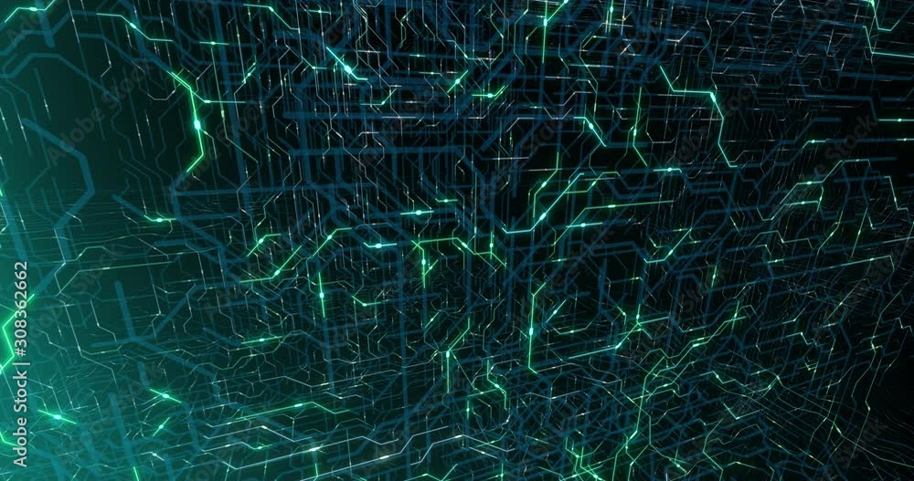 4K seamless loop of printed circuit board (PCB) in motion. Artificial ...