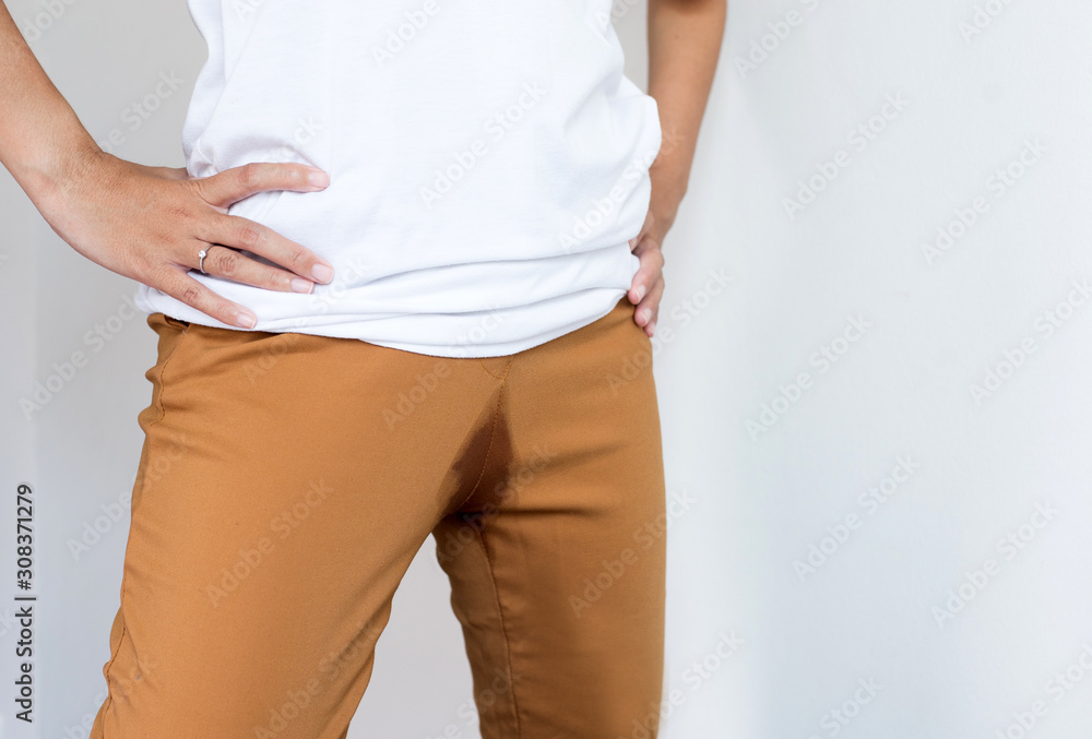 Woman need to pee standing on white background,Urinary stain ...