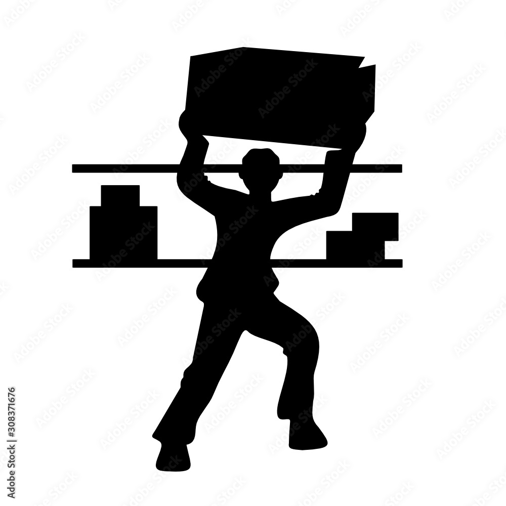 black silhouette man takes the box off the shelf, vector clip art on ...
