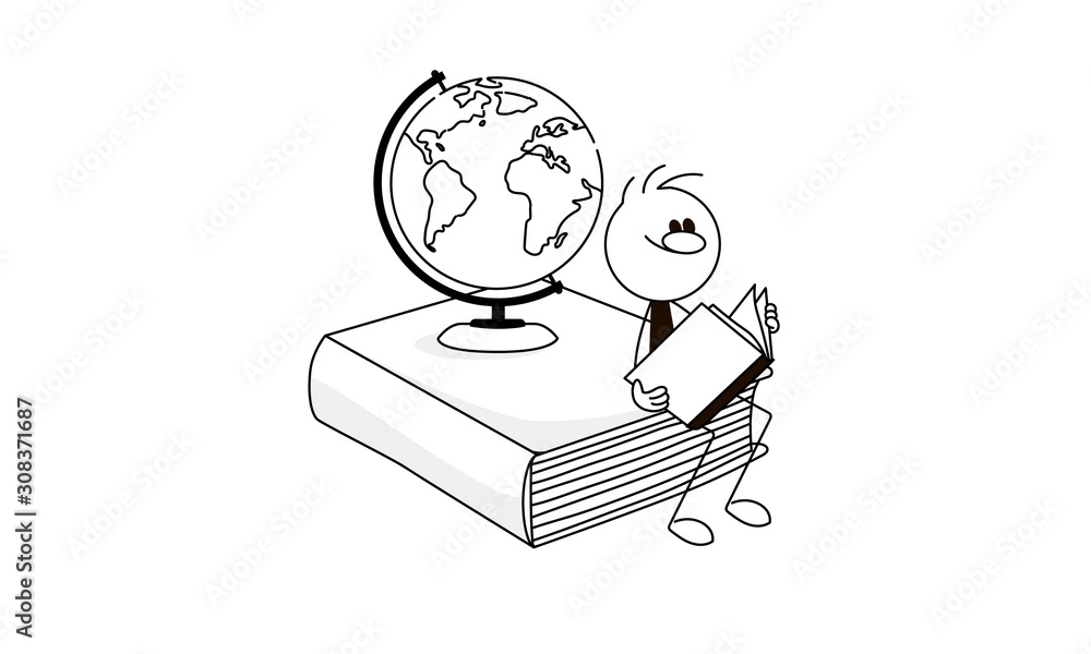 Doodle stick figure: Reading boy sitting on big book with globe. Stock ...