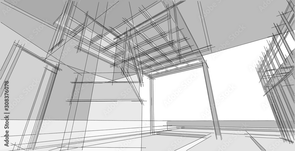 Architectural sketch line, Modern house design work free hands drawing ...