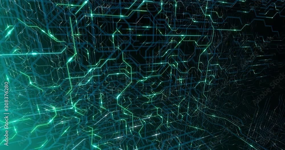 4K seamless loop of printed circuit board (PCB) in motion. Artificial ...