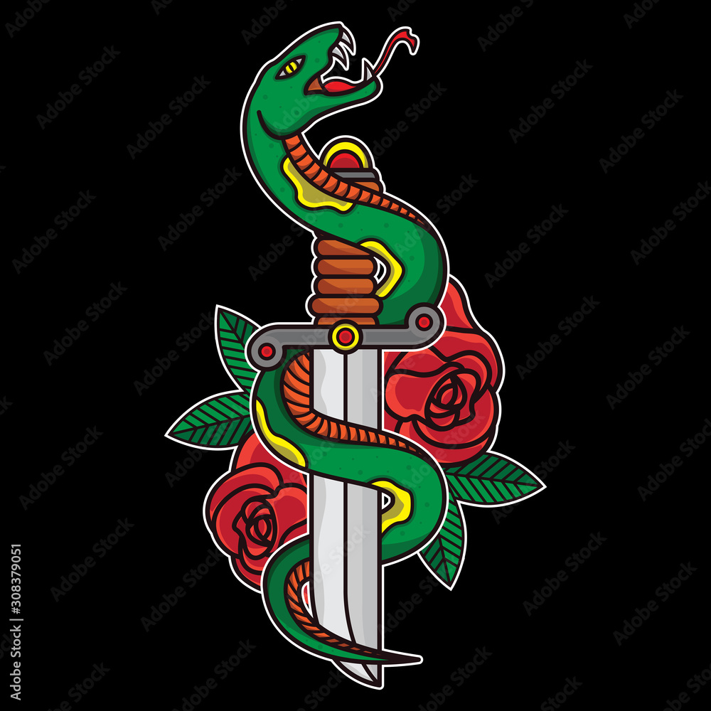 dagger and snake traditional tattoo Stock Vector | Adobe Stock