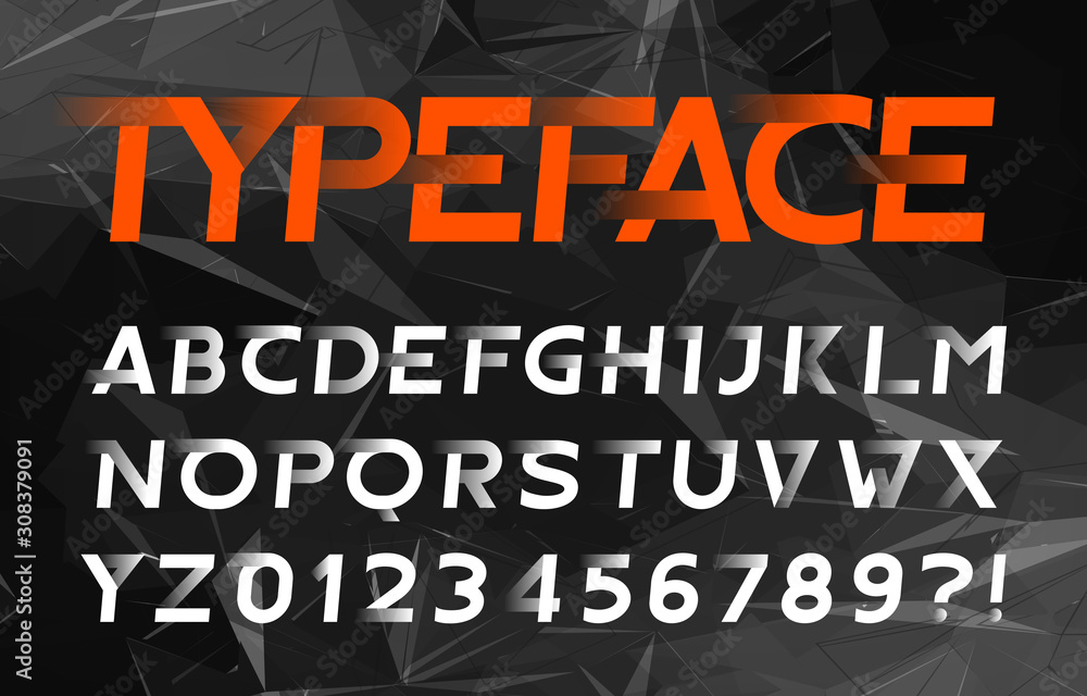 Abstract alphabet font. Speed effect oblique letters and numbers. Dark ...