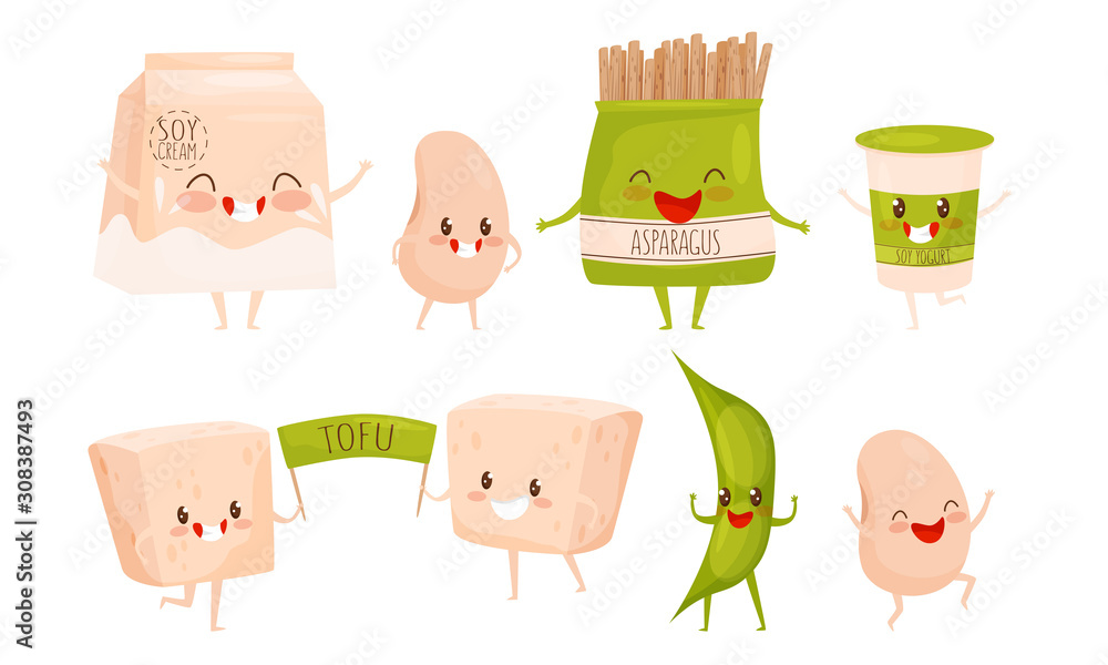 Soy Bean Products Cartoon Characters with Happy Funny Faces Collection ...