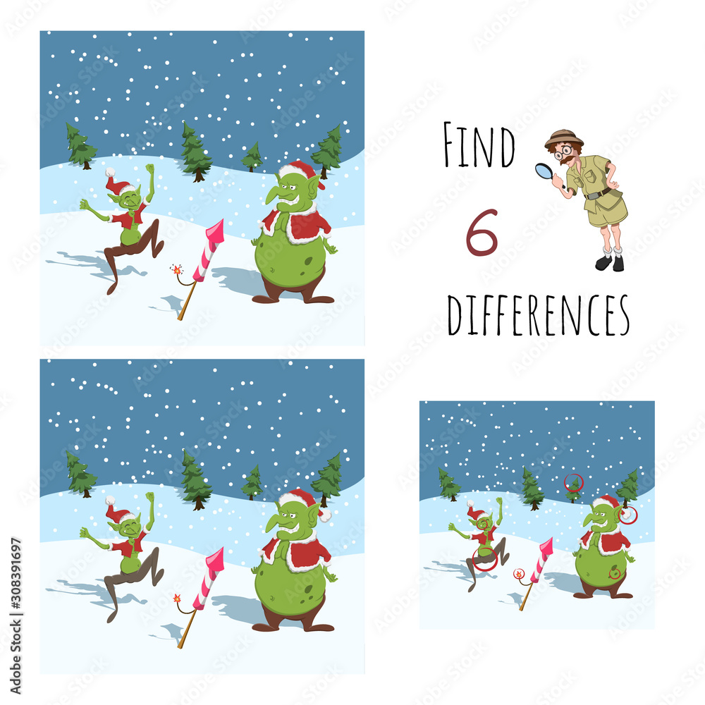 Find 6 differences. Educational game for children. Cartoon goblins in ...