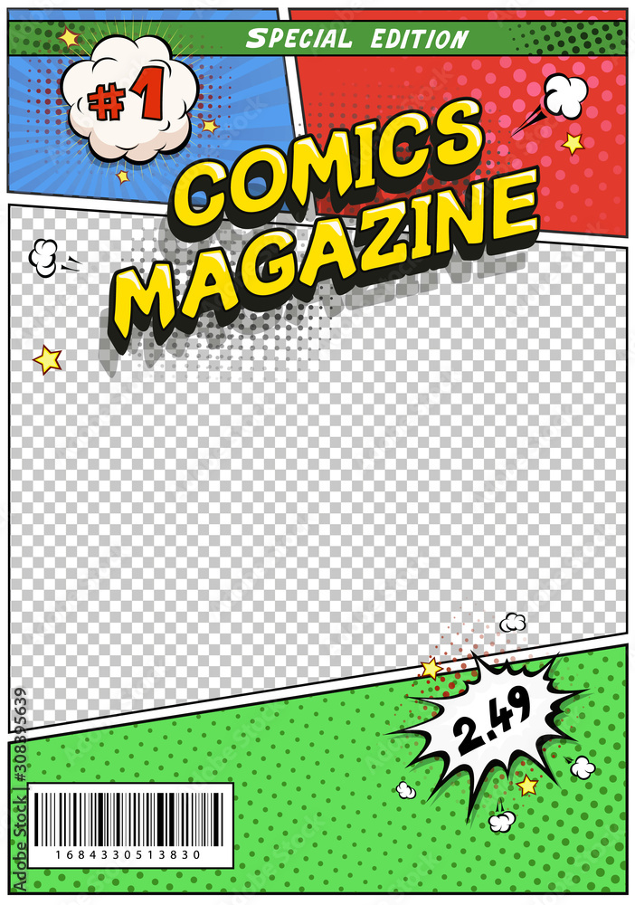 Comic book cover. Comics magazine title page, pop art cartoon title ...