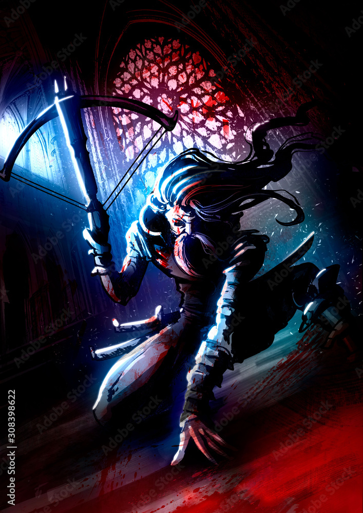 A bounty hunter in blood, with long hair, moustache and a crossbow in ...