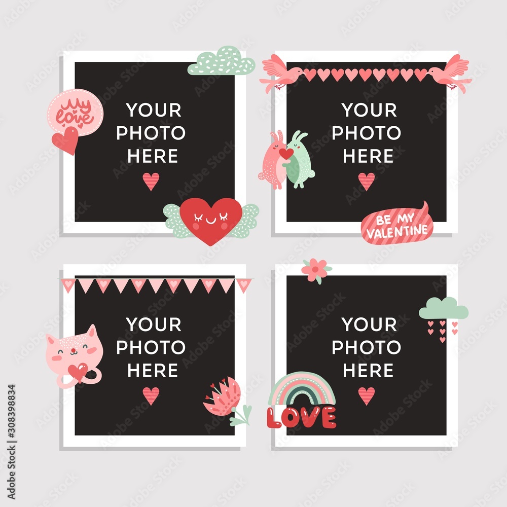 Love photo frame. Valentines day design for photo with heart, cute bird ...