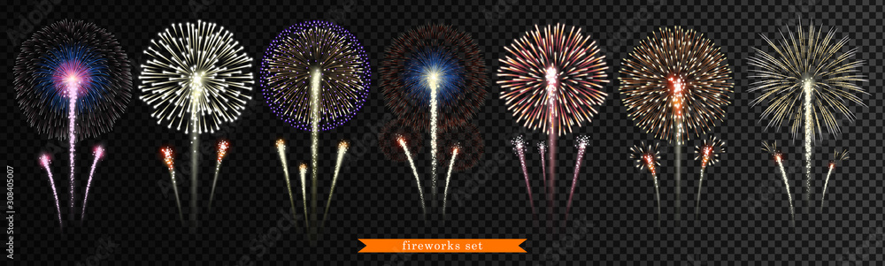 Set of bright, realistic fireworks on a transparent background. Vector ...