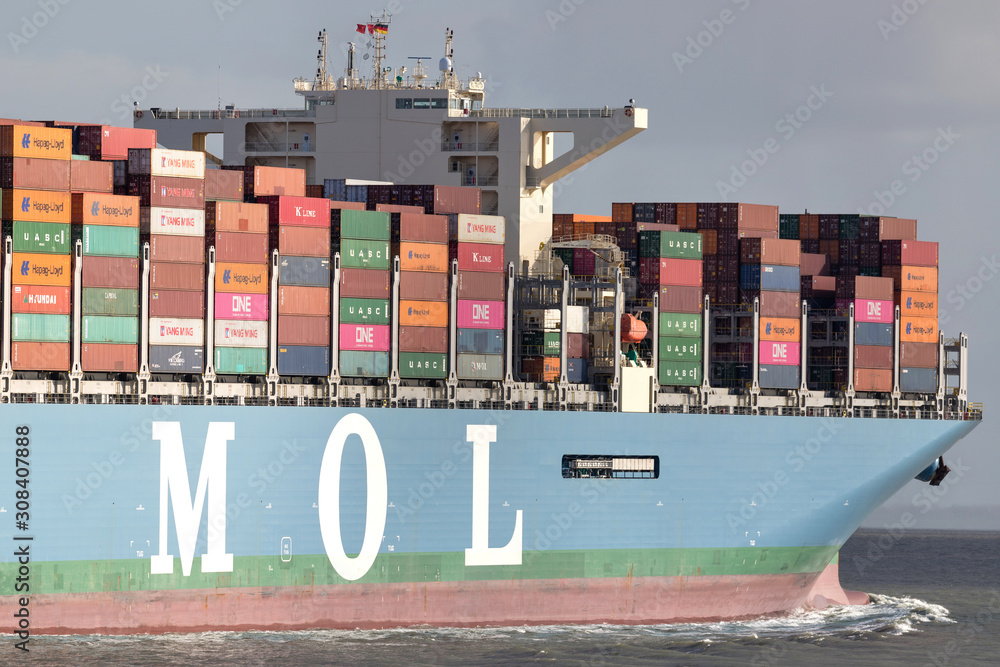 CUXHAVEN, GERMANY - OCTOBER 28, 2019: MOL TRADITION on the river Elbe ...