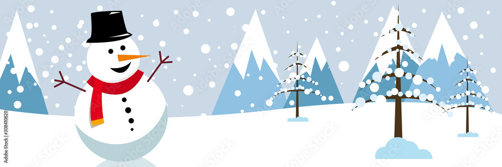 winter snow landscape banner background with fir trees and snowman ...