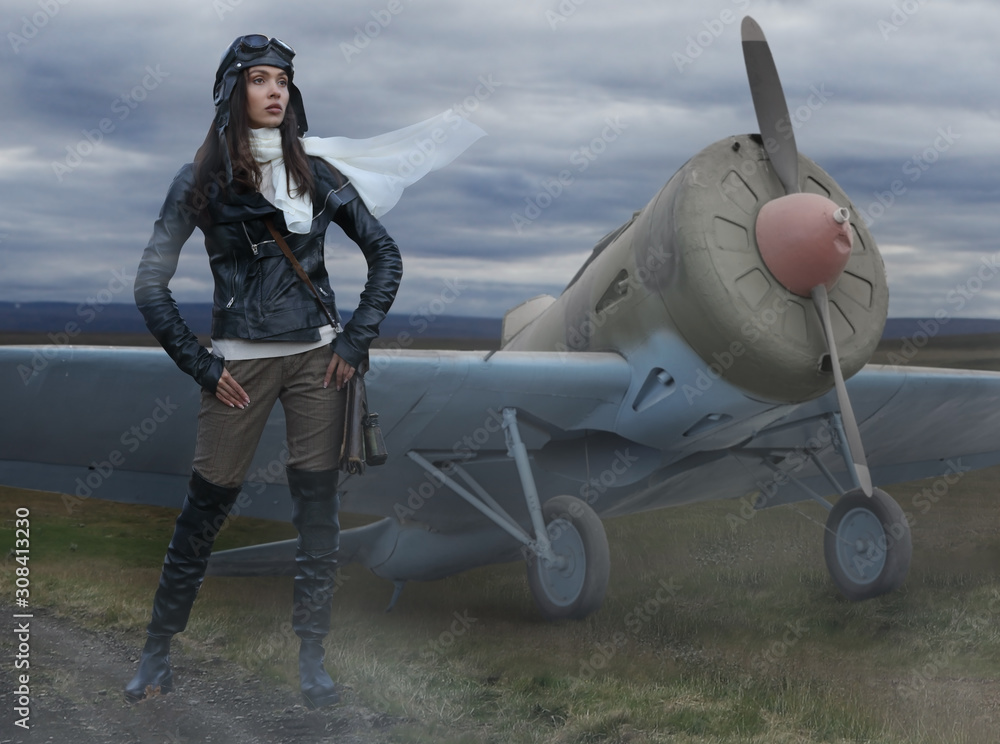 Beautiful girl pilot and retro airplane Stock Photo | Adobe Stock