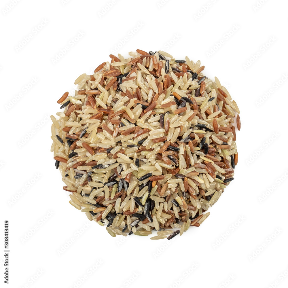 Pile of brown rice, unpolished rice, half milled rice, milled rice ...