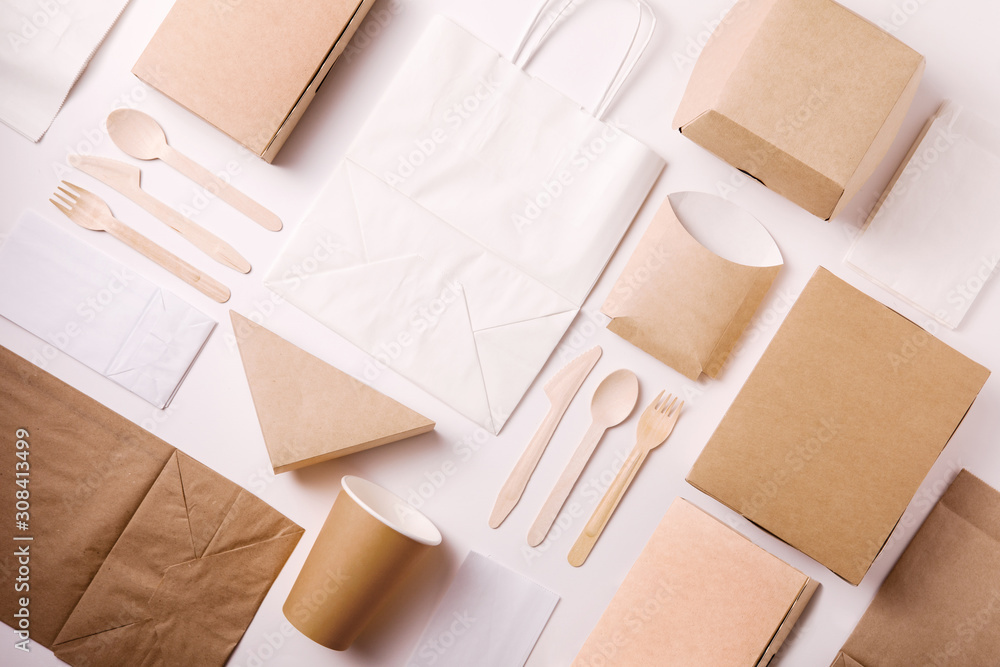 Top view and flat lay concept of Food kraft paper packaging for food ...