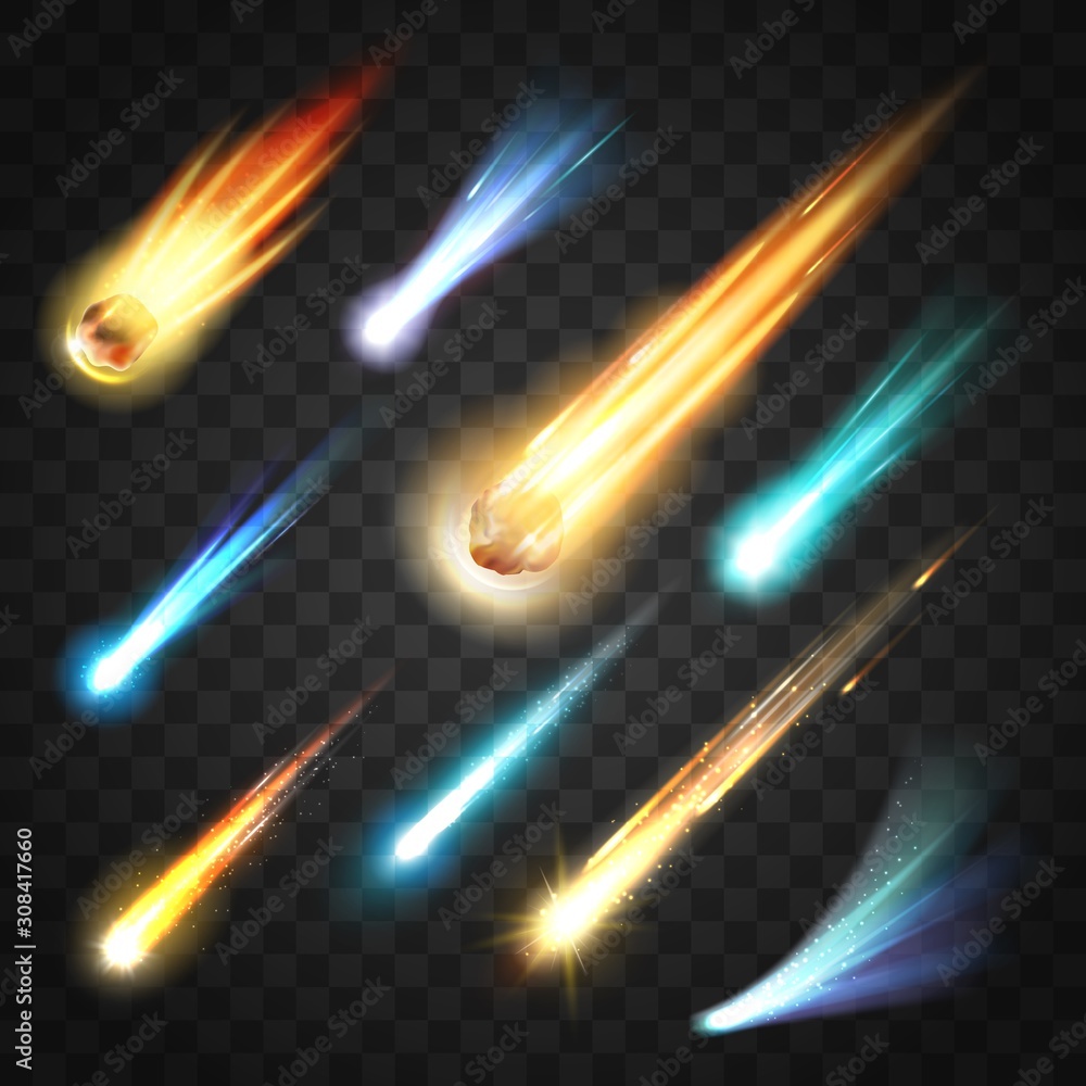 Meteors rain with comets and space bodies on transparent. Vector neon ...