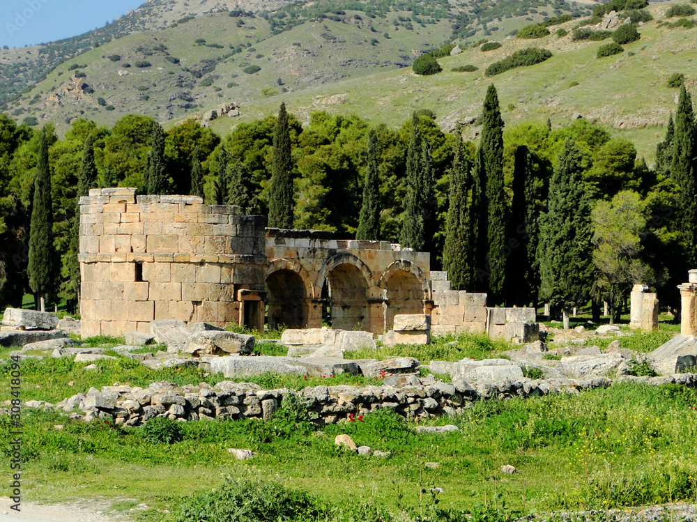 Ruins city gate of Hierapolis in Pamukkale, Turkey. Hierapolis is an ...