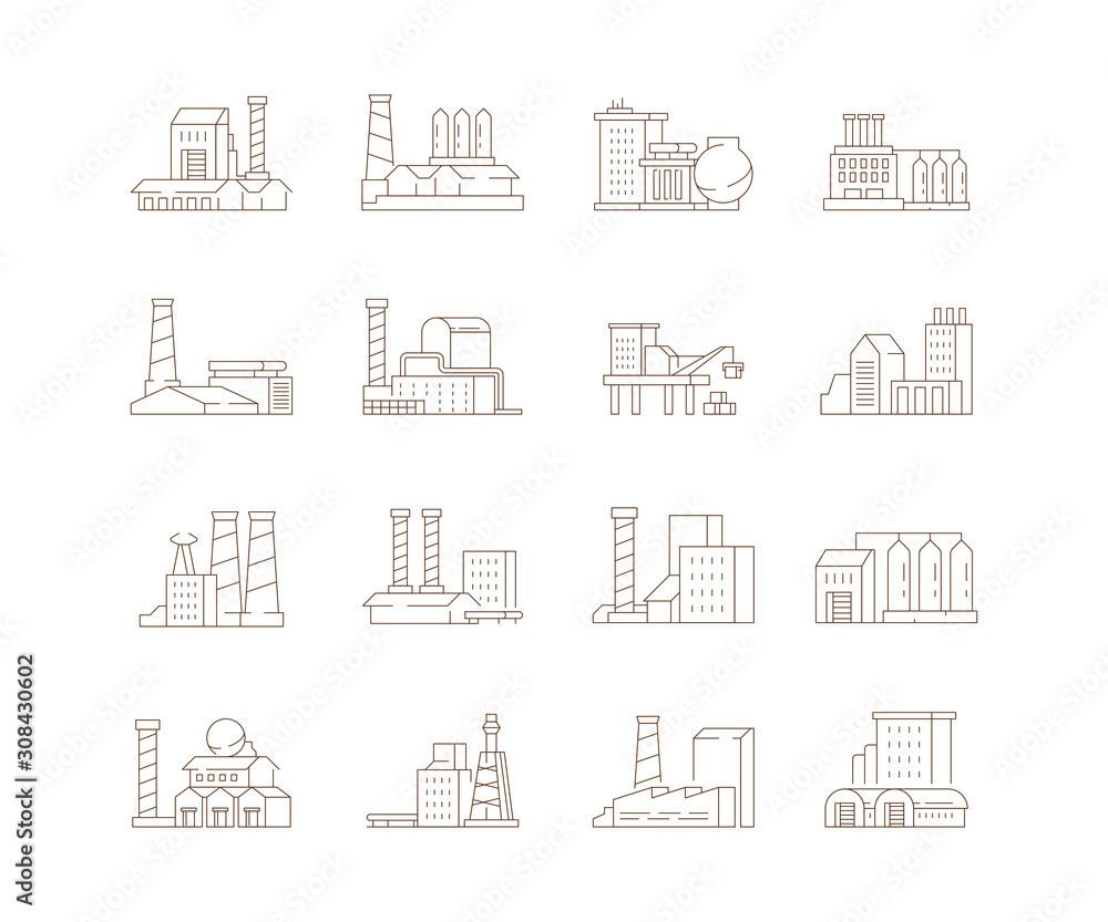 Factory symbols. Industrial city smoke pipe energy production buildings ...